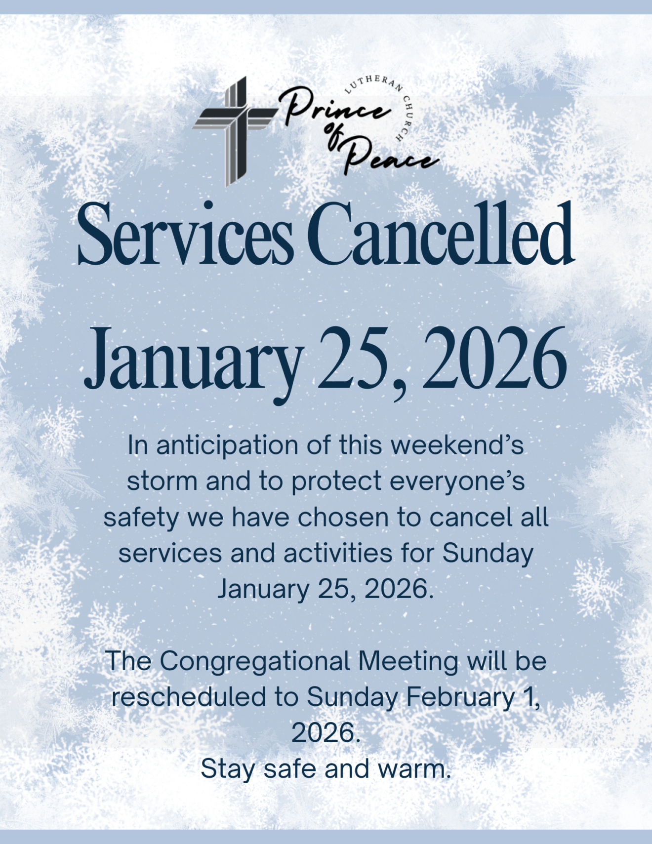 Services Cancelled January 25, 2026 | Prince of Peace Lutheran Church